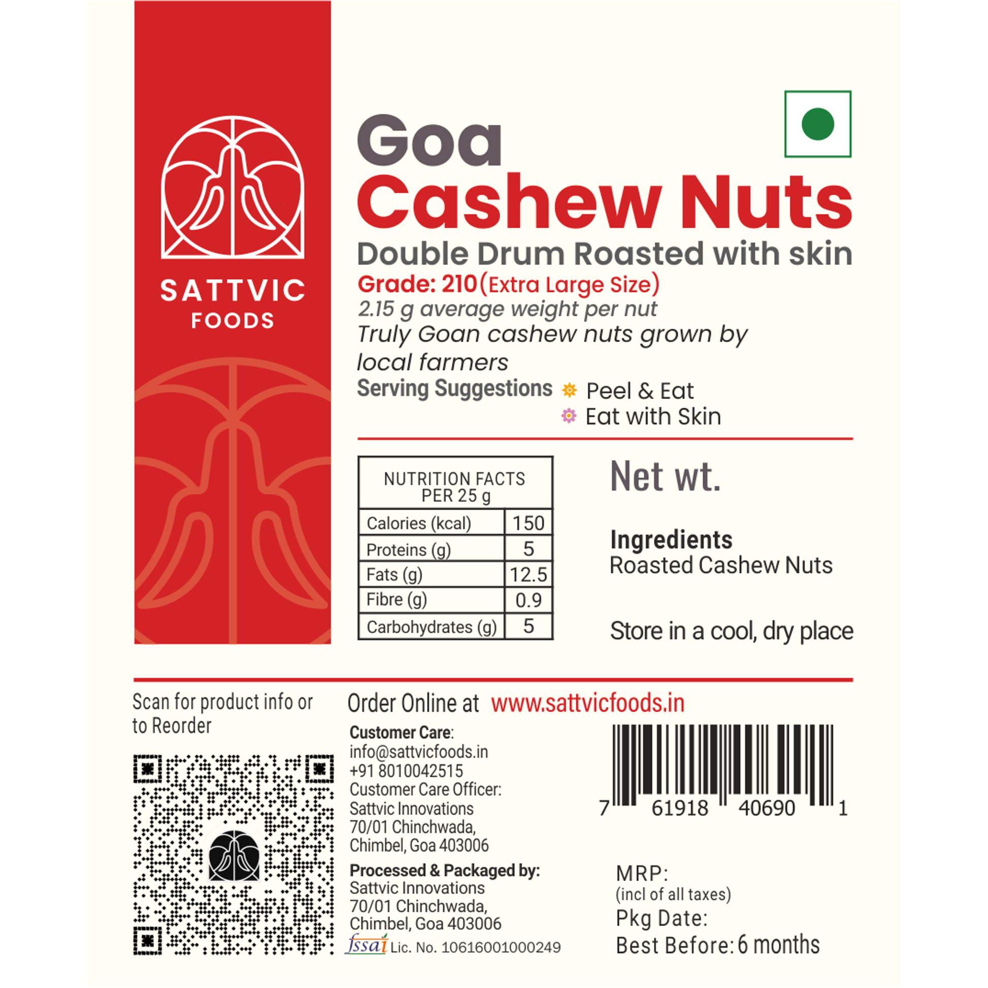 Double Drum Roasted Cashew Nuts with skin – Sattvic Foods